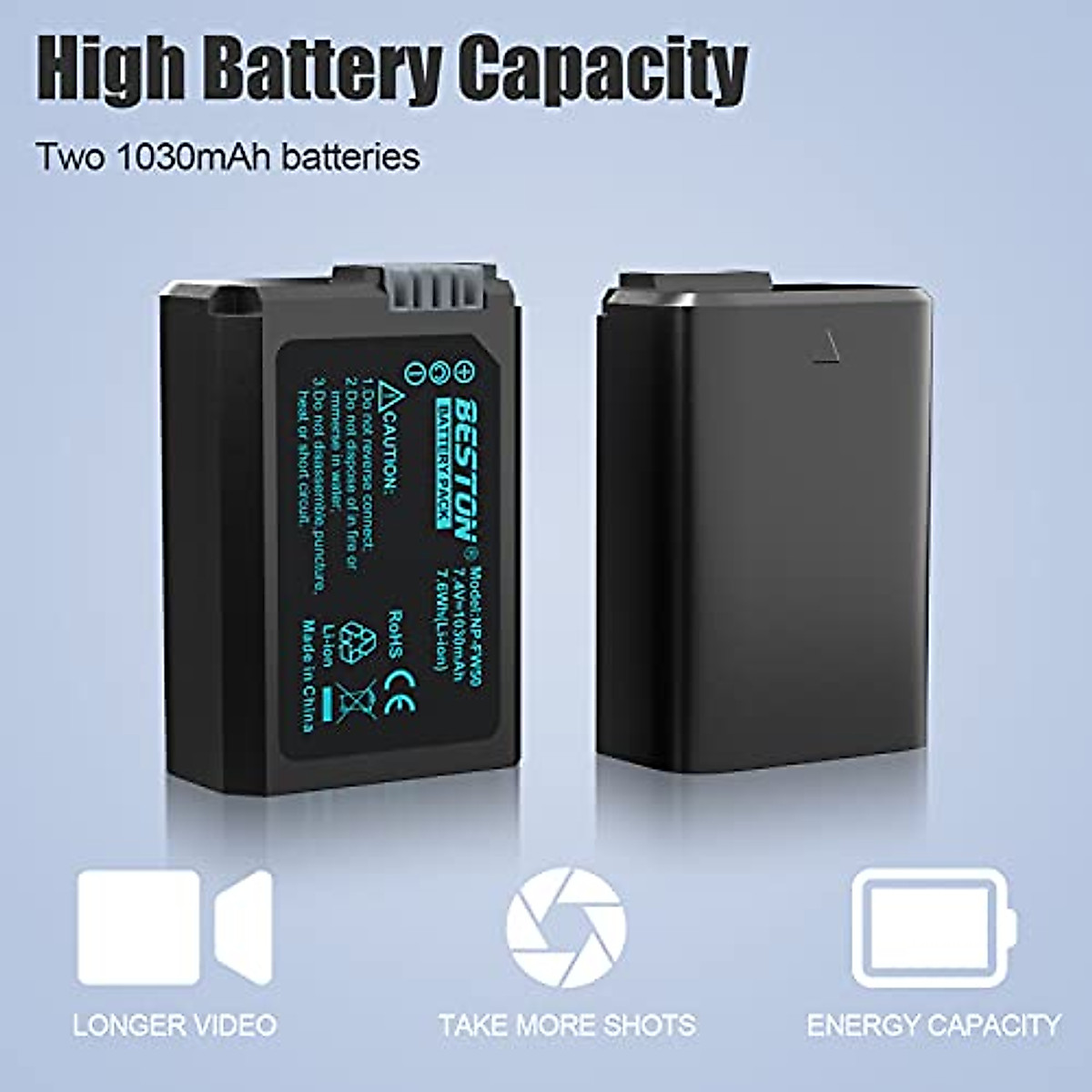 BESTON NP-FW50 Repacement Battery for Sony Camera and Charger for Sony ZV-E10 Alpha A7 A7II A7R A7RII A7S A7SII A55 A3000 A5000 A5100 A6000 A6300 A6400 A6500 Cyber-Shot DSC-RX10 II III IV Camera