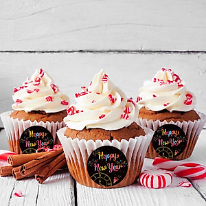 Heyfibro 1.5 Inches Happy New Year Sticker Roll, 500 Pcs Black New Year Stickers for Kids and Adults, Winter Holiday Round Labels Stickers for Gift Packing, Cards, Envelope Seals, Party Supplies