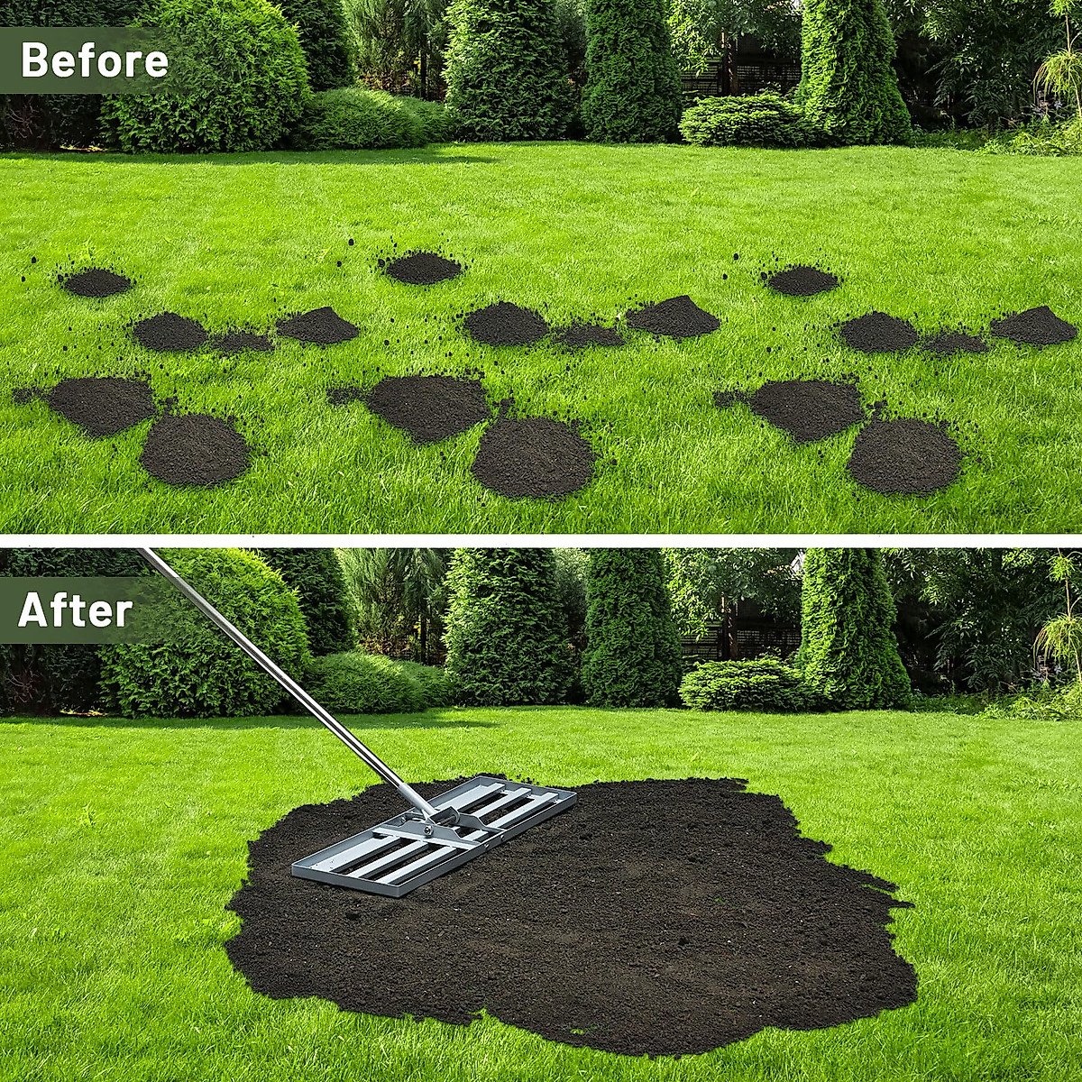 Sunvigor Lawn Leveling Rake, 30" x 10" Ground Plate with 6FT Adjustable Extra Long Handle Stainless Steel for Yard Garden - Heavy Duty Effort-Saving Leveling Soil Sand Spreading Dirt Top Dressing