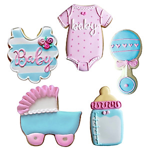 Baby Shower Cookie Cutters 5-Pc. Set Made in the USA by Ann Clark, Onesie, Bib, Rattle, Baby Bottle, Baby Carriage