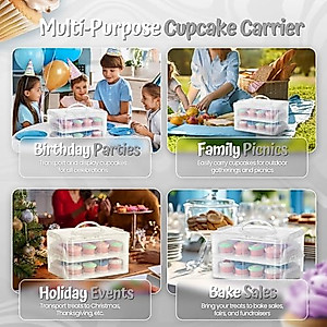 Flexzion Cupcake Carrier, Cupcake Holder for 24 Cupcakes, Portable and Reusable Rectangular Cake Carrier with Lid and Handle, 2 Tier Stackable Layer Insert (Clear)