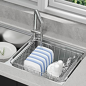 Jobemin Dish Drainer Rack in Sink Adjustable, Expandable 304 Stainless Steel Metal Dish Drying Rack Organizer with Stainless Steel Utensil Holder Over Inside Sink Counter, Rustproof