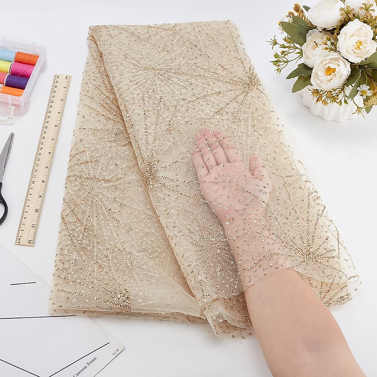 MAYJOYDIY Bisque Sparkly Sequin Tulle Fabric by The Yard, 59inch Width Star Embroidered Fabric Firework Mesh Gilded Lace Fabric for Wedding Reception, Tables, Party Costume Decoration