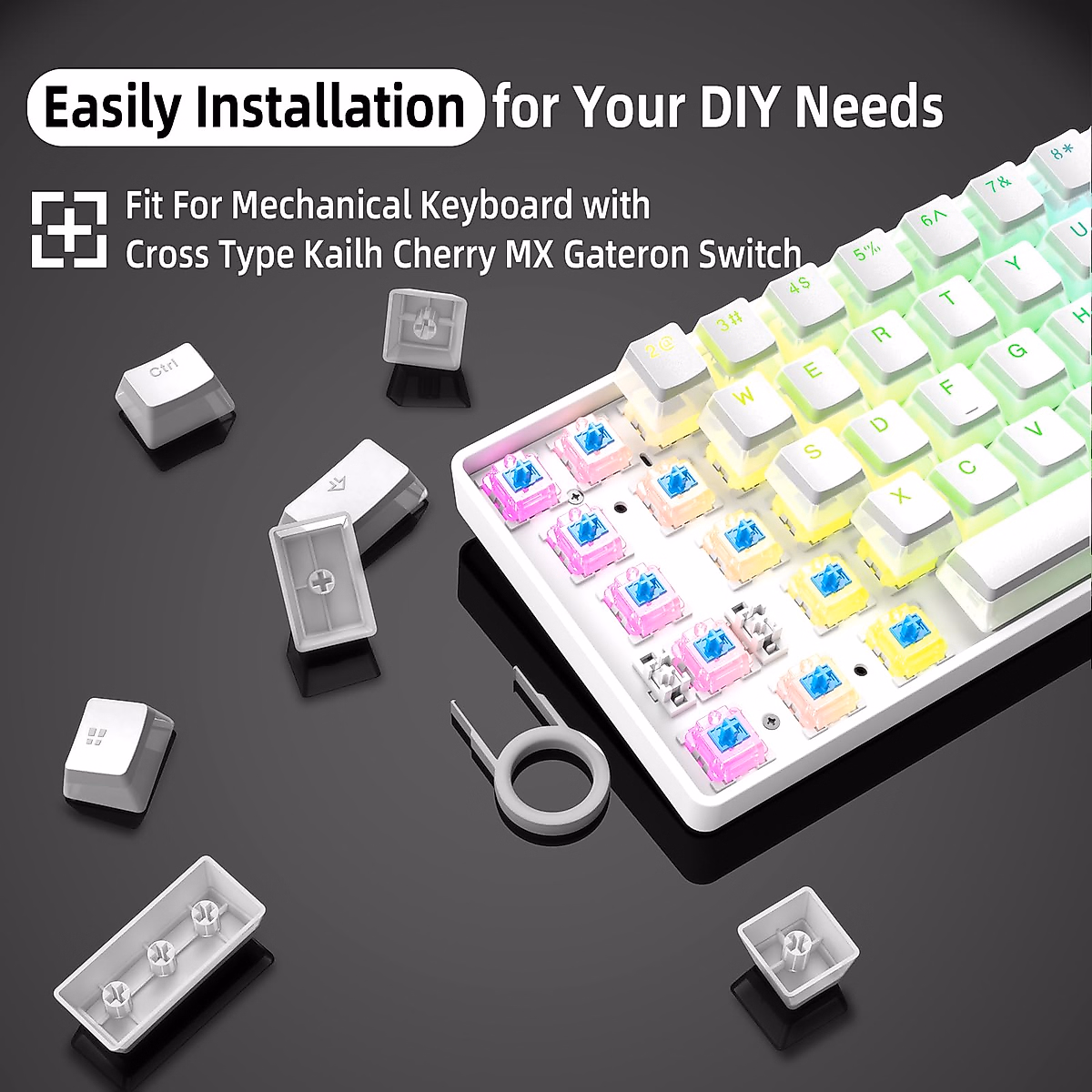 108 Key Double Shot PBT Pudding Keycaps with Translucent Layer Keycap Puller for Standard Full 104Key Compact 61Key/68Key/87Key/96Key Mechanical Keyboard MX Switch DIY Keycap(White Keycaps)