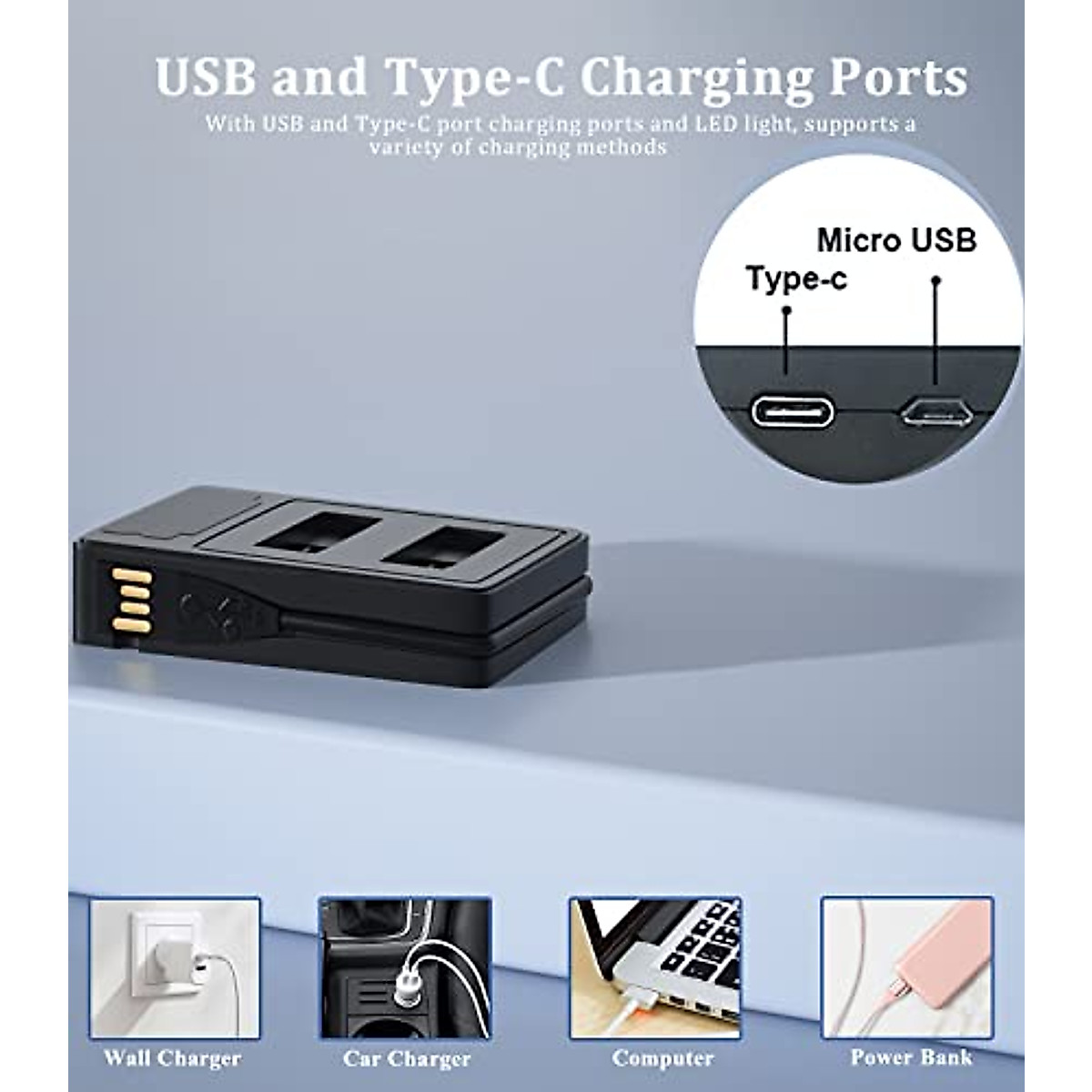 Bonadget 2000mAh 4-Pack Battery and 2-Channel Charger for Gopro Hero 7/6/5 with USB and Type-C Charging Port Compatible with Gopro Hero 7/Gopro Hero 6/Gopro Hero 5 Battery and Charger Bundle LED Light
