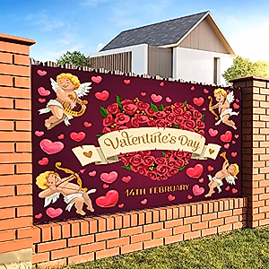 Happy Valentines Day Banner Backdrop Decoration, Valentine's Day Cupid Rose Heart Photo Background Banner, Valentines Banner Party Decorations Supplies