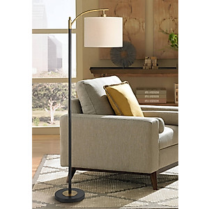 360 Lighting Rayna Mid Century Modern Downbridge Floor Lamp 61 1/2" Tall Black Warm Gold Metal Off-White Linen Drum Shade for Living Room Reading Bedroom Bedside Office Family House Home