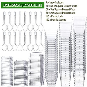 150 Pack 5.6, 3, 2 oz Mini Square Dessert Cups with Lids and Spoons Clear Plastic Parfait Cups Disposable Appetizer Cups Small Dessert Shooter Cups for Serving Party Pudding Fruit and Ice Cream