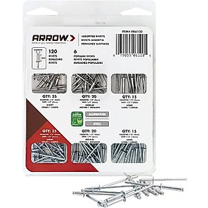 Arrow RK6120 Pop Rivet Assortment Kit for Metal, Fabric, Leather, and Auto Repair, Aluminum and Steel, 1/8-Inch, 120-Pack