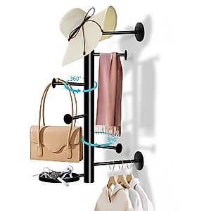 RCHYFEED Coat Rack Wall Mount, Vertical Coat Tree for Wall 16.9 Inch, Metal Modern Wall Hat Rack for Jackets, Bags, Hats, Swivel Coat Hanger with 6 Branches Key Tray for Entryway Living Room