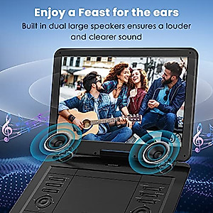 WONNIE 16.9" Portable DVD Player with 14.1" Large Swivel Screen, High Volume Speakers, 6 Hrs Rechargeable Battery, Support USB/SD Card/ Sync TV, Region Free, Last Memory
