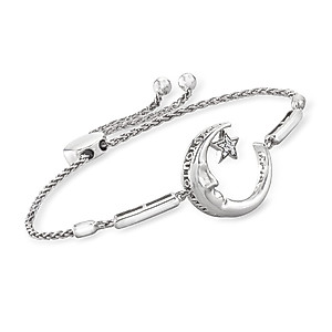 Ross-Simons Diamond-Accented Love You To The Moon and Back Star and Moon Bolo Bracelet in Sterling Silver