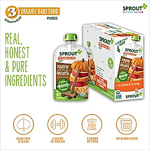 Sprout Organic Baby Food Pouches Stage 3 Plant Powered Protein, Pumpkin Apple Red Lentil w/ Cinnamon, 4 Oz (Pack of 12)