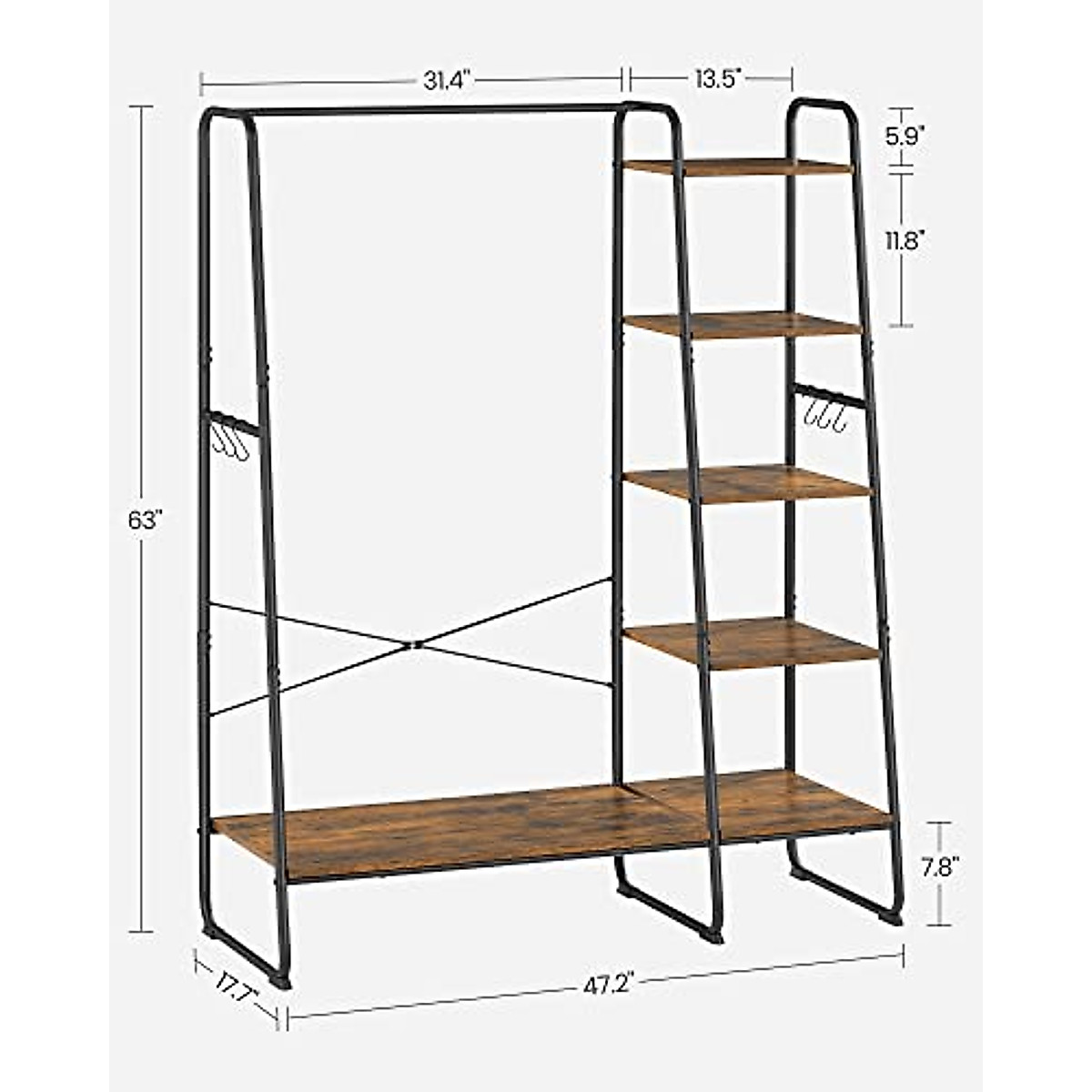 VASAGLE Clothes Rack, Clothing Rack with Shoe Shelf, 5-Tier Storage Rack, 6 Side Hooks, for Bedroom, Living Room, Rustic Brown and Black URGR116B01