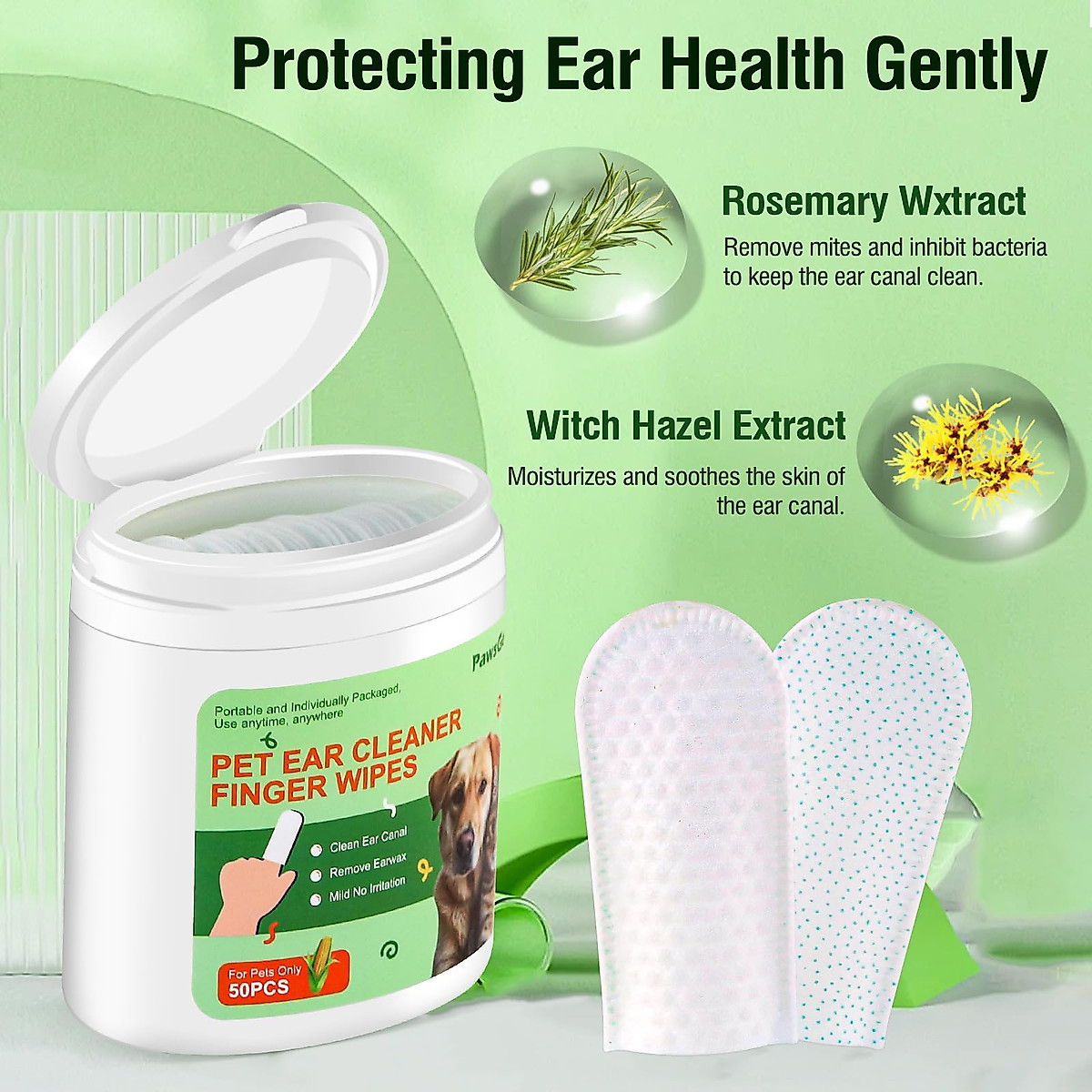 PawsGear Ear Wipes for Dogs and Cats - Soothing Cleansing, Odor Removal, Natural Plant Extracts, 50 Count