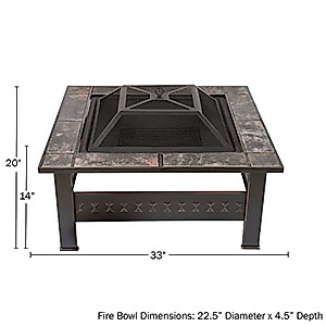 Pure Garden 50-155 Wood Burning Fire Pit Set Includes Screen, Cover and Log Poker-for Outdoor and Patio, 32-inch Marble Tile Square Firepit, Bronze