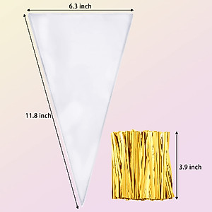 Outus 100 Pieces Christmas Medium Transparent Cone Bags Cello Bags Sweet Clear Treat Bags with 100 Pieces Twist Ties, 11.8 x 6.3 Inch (Gold Twist Ties)