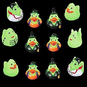 Glow-in-The-Dark Halloween Zombie Rubber Duck Characters Toy Duckies for Kids, Bath, Birthday, Baby Showers, Summer Beach, and Pool Activity, 2" (12-Pack)