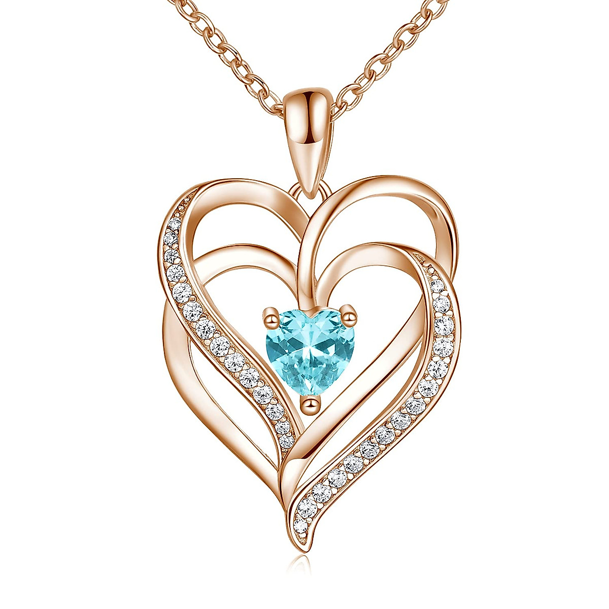 Love Heart Necklace for Women 925 Sterling Silver Gold Plated Birthstone Pendant Necklaces for Women with 5A Cubic Zirconia Valentine‘s Gift Birthday Gift for Mom Women Her (Z-Rose Gold-03-Mar)