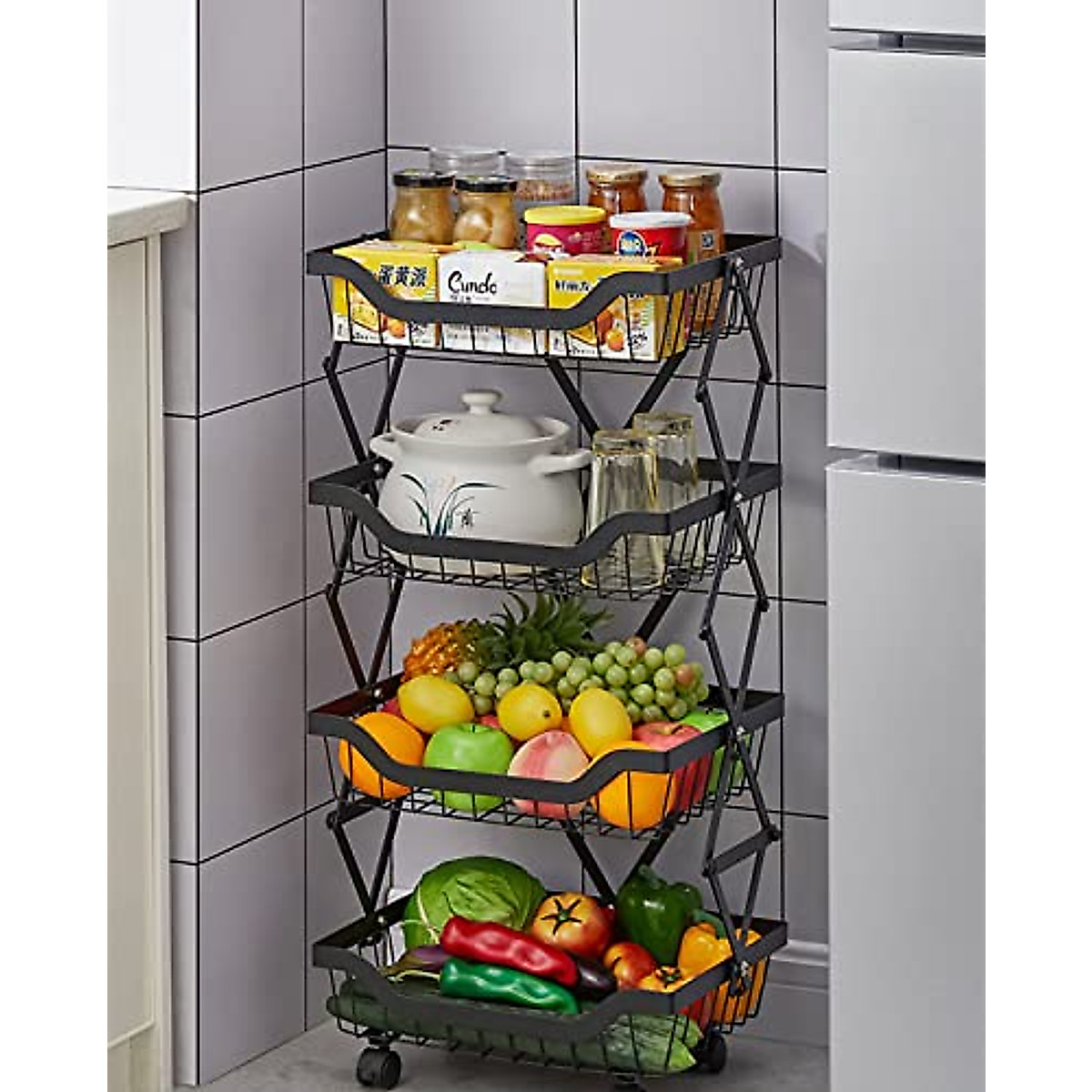 4 layers Tier Foldable No Assembly Storage Shelves with Wheels 13.5’’*10.6’’*29.7’’ Free Standing Metal Wire Rack Heavy Duty Pantry Collapsible Organizer for Kitchen Bedroom Bathroom Office Black