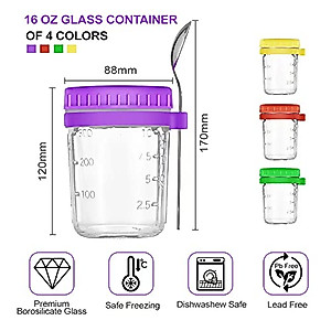 16 oz Overnight Oats Containers with Lids and Spoon, 4 Pack Mason Jars for Overnight Oats, Airtight Overnight Oats Jars with Measurement for Cereal, Mason Oatmeal Container Jar, On The Go Container