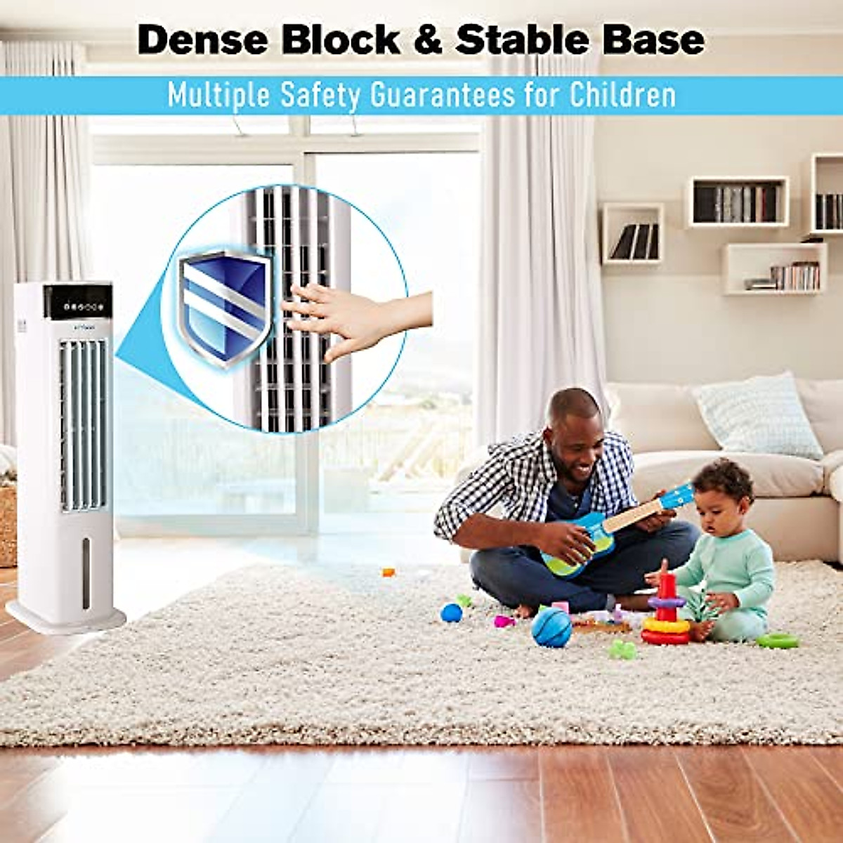 E-Macht Evaporative Air Cooler with Fan & Humidifier, 3-in-1 Portable Air Conditioners, 3 Speeds & 3 Modes, 80° Oscillation Swamp Cooler for Bedroom with Remote Control, 3L Water Tank, 2 Ice Packs