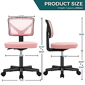 DUMOS Armless Desk Wheels Cute Home Office Chairs, Ergonomic Adjustable Swivel Rolling Task, Comfy Mesh Mid Back Computer Work Vanity Chair for Small Spaces, Pink