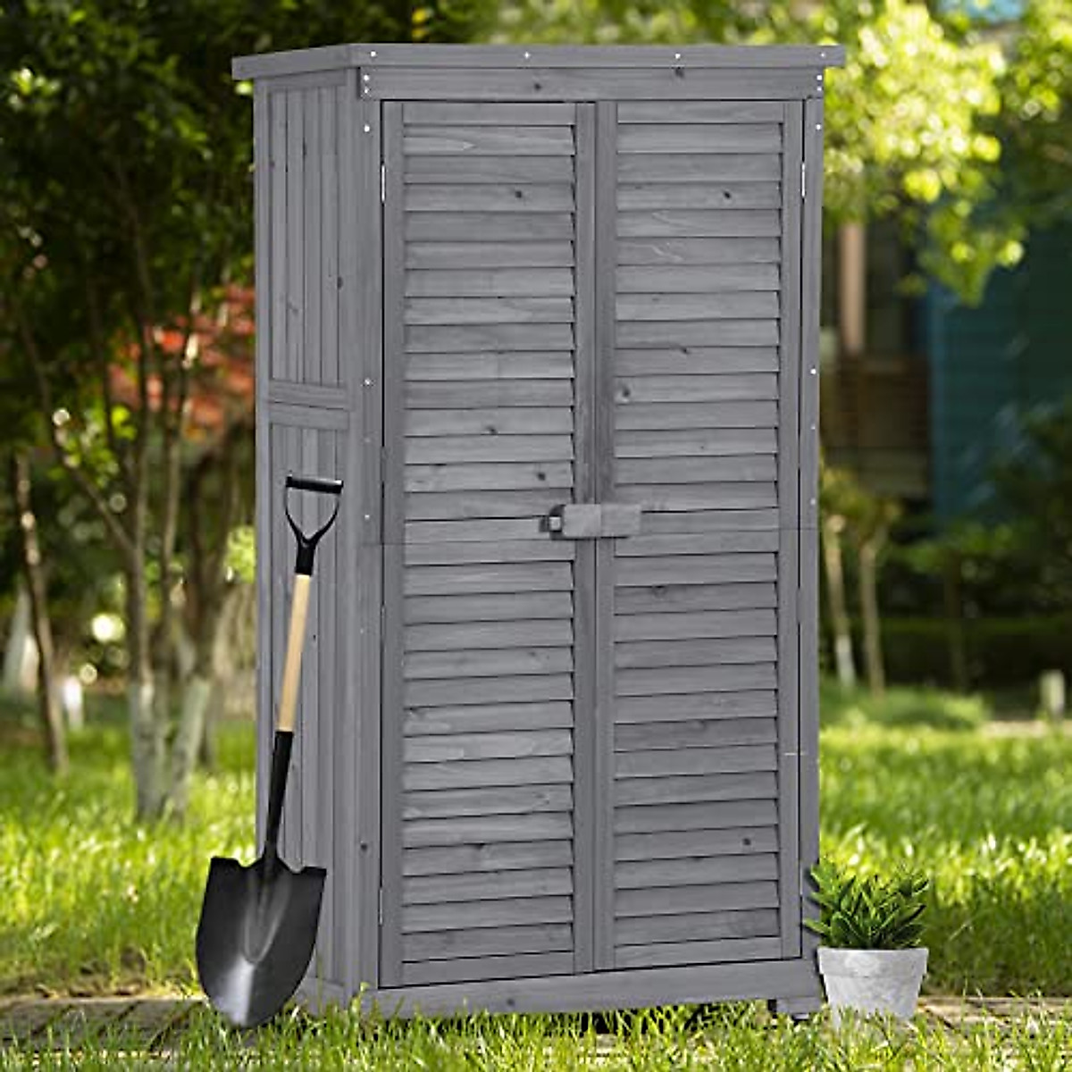 Merax Wooden Garden Shed 3-Tier Patio Storage Cabinet Outdoor Organizer Wooden Lockers with Fir Wood (Gray Wood Color -Shutter Design)