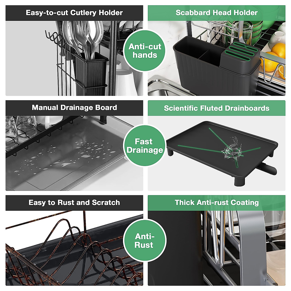romision Stainless Steel Dish Drying Rack, Dish Racks for Kitchen Counter, Two Tier Dish Drainers with Cutlery Holder and Cup Rack, Large Dish Dryer Rack for Saving Space, Grey