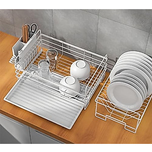 VIDECOR Dish Drainer Rack, Expandable Dish Drying Rack with Utensil Holder Cup Holder, Stainless Steel Dish Drying Rack and Drainboard Set for Kitchen Counter,A