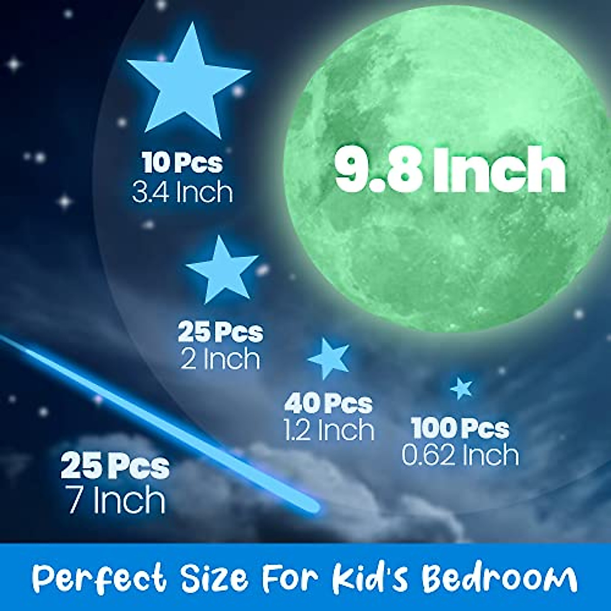 Glow in The Dark Stars and Moon for Ceiling, Luminous Stars and Moon Wall Decal, Wall Decor,Sticky Fluorescence Stars,Gift for boy and Girl Perfect for Kids Nursery Bedroom Living Room(Blue))