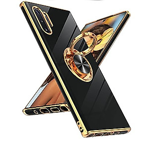 LeYi for Samsung Galaxy Note 10 Plus Case 360° Rotatable Ring Holder Magnetic Kickstand, Plating Rose Gold Edge Protective Case, Black