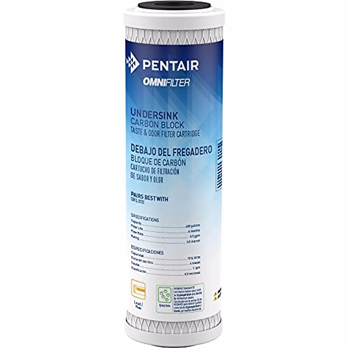 Pentair OMNIFilter CB3 Carbon Water Filter, 10" Undersink Carbon Block Taste & Odor Replacement Filter Cartridge, NSF Certified to Reduce PFOA/PFOS, 10" x 2.5", 0.5 Micron