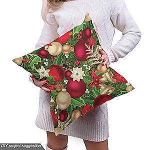 Ambesonne Christmas Fabric by The Yard, Tree Branches Spruce Leaves Balls Bells Cones Poinsettia Flowers Mistletoe Berry, Decorative Fabric for Upholstery and Home Accents, 1 Yard, Ruby Green