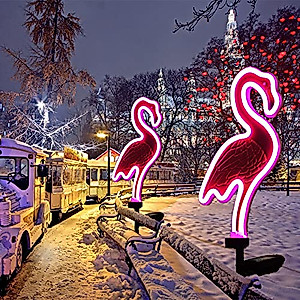 Solar Flamingo Pink Neon Light - 2Pack 42 inch Metal Garden Stake Lights, Flamingo Gifts for Women Path Lighting for Yard Lawn Patio Walkway Decor