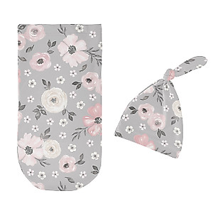 Sweet Jojo Designs Grey Watercolor Floral Baby Girl Cocoon Beanie Hat Set Jersey Stretch Knit Sleeping Bag Infant Newborn Nursery Sleep Wrap Sack - Blush Pink Gray Shabby Chic Rose Flower Farmhouse