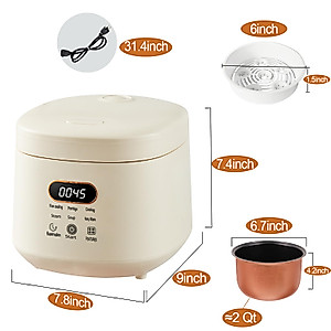 NUNET Electric Rice Cooker, Portable 6-1 Multi-Functional Smart Food Steamer Time Control 400W Mini Cooker 2QT 3 Cups Uncooked/5 Cups Cooked for Soup Grain Oatmeal w. Non-Stick Inner Pot
