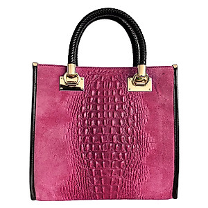 Modarno Women's shoulder bag - crocodile print suede leather handbag, Fuchsia