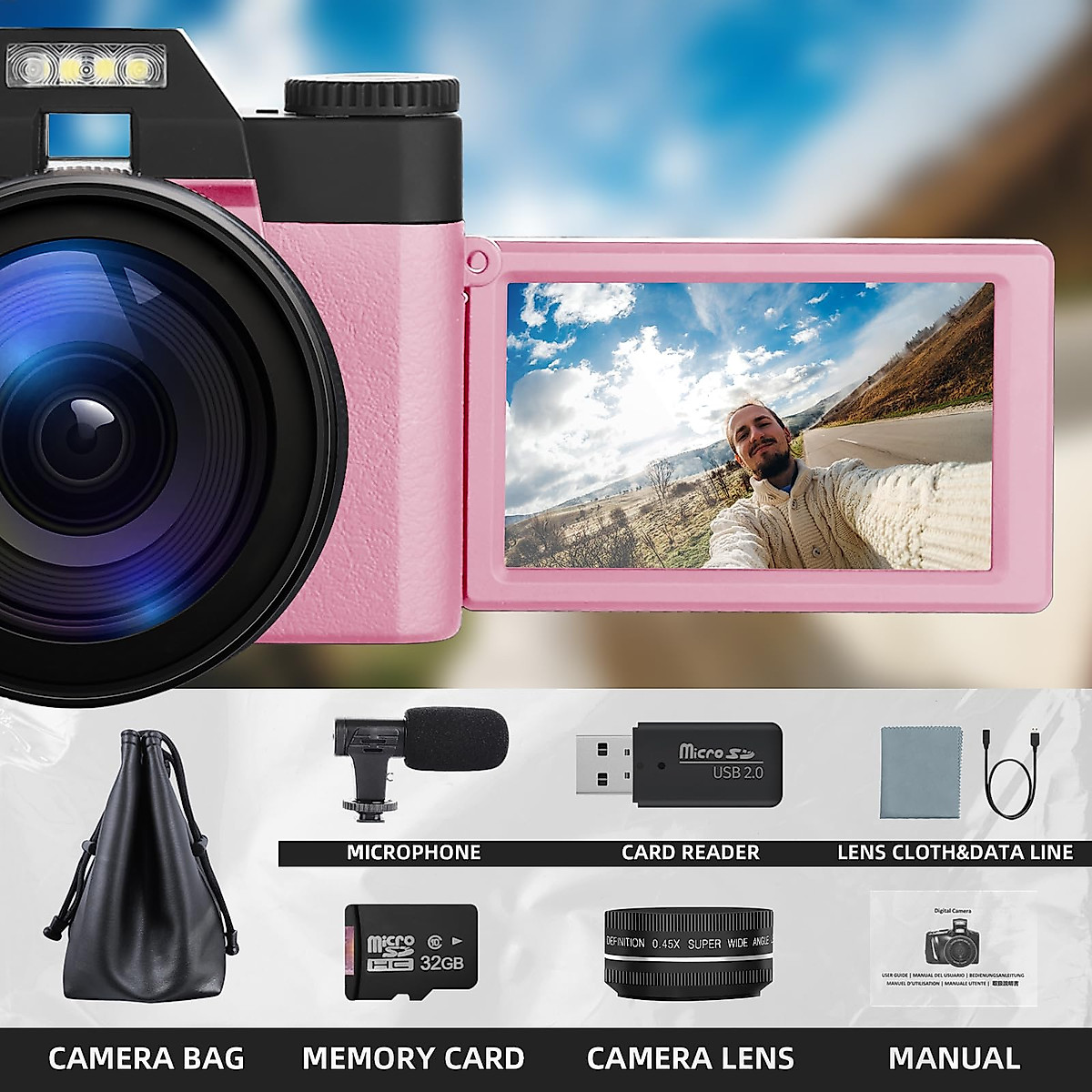 G-Anica Digital Cameras for Photography, 4K 48MP Video Camera, 16X Digital Zoom Vlogging Camera for YouTube, Travel Camera with 32GB SD Card and Wide Angle Lens Macro Lens（Pink）