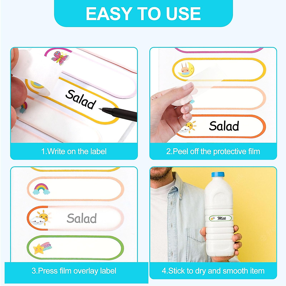 Waterproof Name Labels for Daycare - Name Stickers for Kids Stuff & School Supplies - Write on Baby Bottle Cup Labels - Dishwasher Safe - Pack of 120.