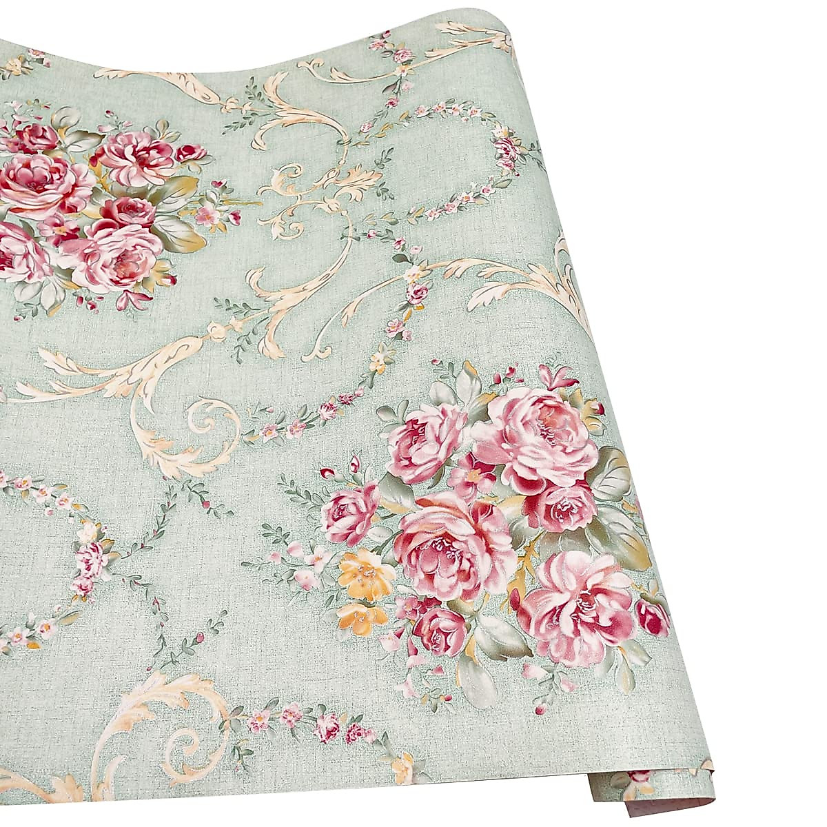 LovingWay Retro Floral Shelf Liner 17.7x177 Inch Self-Adhesive Dresser Drawer Covering Paper DIY Makeup Organizers Boxes Green Rose