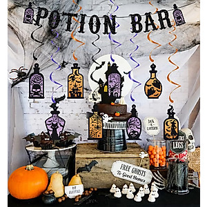 Pre-Strung Potion Bar Banner for Halloween Party Decorations with Potion Bar Hanging Swirls, Halloween Party Banner, Halloween Bar Sign Decorations for Mantel, Halloween Haunted Mansion Decorations