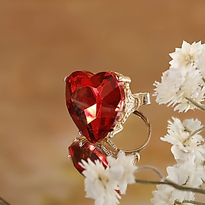 YERTTER Wedding Gold Red Crystal Giant Heart Ring Promise Women Statement Ring Rhinestone Love Ring Exaggerated Cocktail Ring Vintage Ring for Wedding Women Girls (Red）