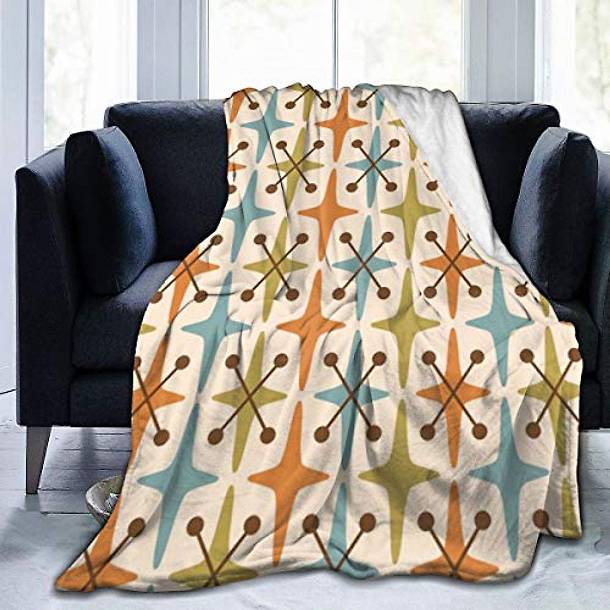 Flannel Plush Modern Throw Blanket, Olive Mid Century Modern Abstract Star Space Age Pattern Throw for Better Sleep Living Room, Air Conditioning Blanket and Quality Wrinkle-Resistant 60" x 50"