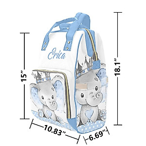 NZOOHY Cute Elephant Prince Personalized Name Diaper Bag Tote, Custom Waterproof Nursing Baby Bag Mummy Backpack for Mom Travel Outdoor, 15'' X 10.83'' X 6.69''