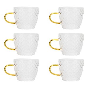 Vintage Coffee Mugs Set of 6, Embossed Glass Cups with Handle High Borosilicate Glass Mug Glass Tea Cups Cereal Cup Glass Mugs Clear Cups for Latte, Cereal, Yogurt, Tea, Milk, Hot or Cold Beverages