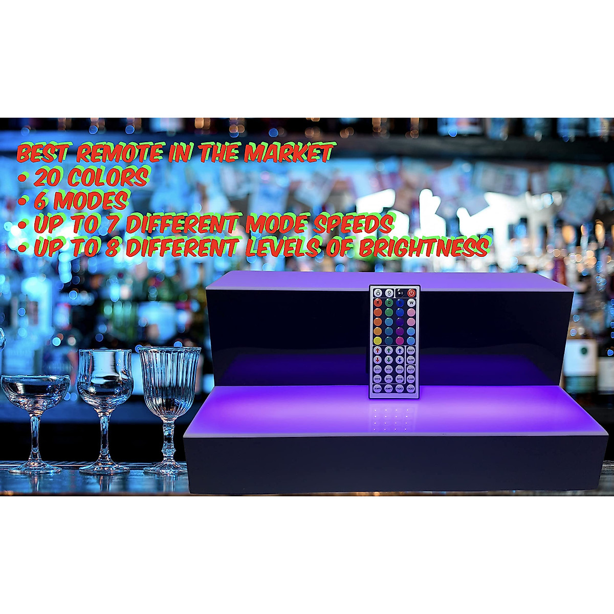 Liquor Bottle Display LED Shelf - 2 Step Multicolor Lighted Bar Stand 16 inch