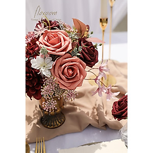 Floroom Artificial Flowers 25pcs Real Looking Burgundy & Pinky Cedar Foam Fake Roses with Stems for DIY Wedding Bouquets Bridal Shower Centerpieces Floral Arrangements Party Tables Home Decorations