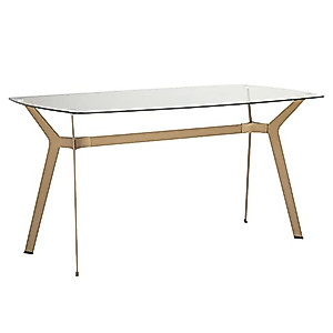 Studio Designs Home Archtech 60" W x 32" D Mid-Century Modern Dining, Desk, Metal and 8mm Thick Glass Table in Gold