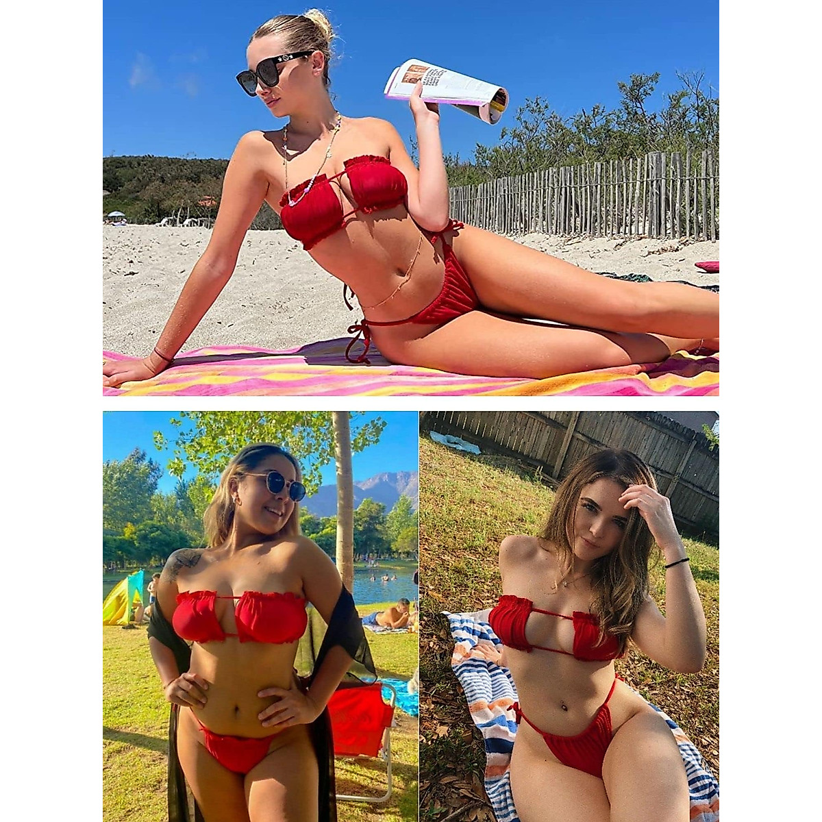 ZAFUL Womens Rib Ruched Bandeau Bikini Adjustable Tie Ruffle Cutout Sexy Swimwear Halter String Triangle Bikini Sets(2-Red, S)